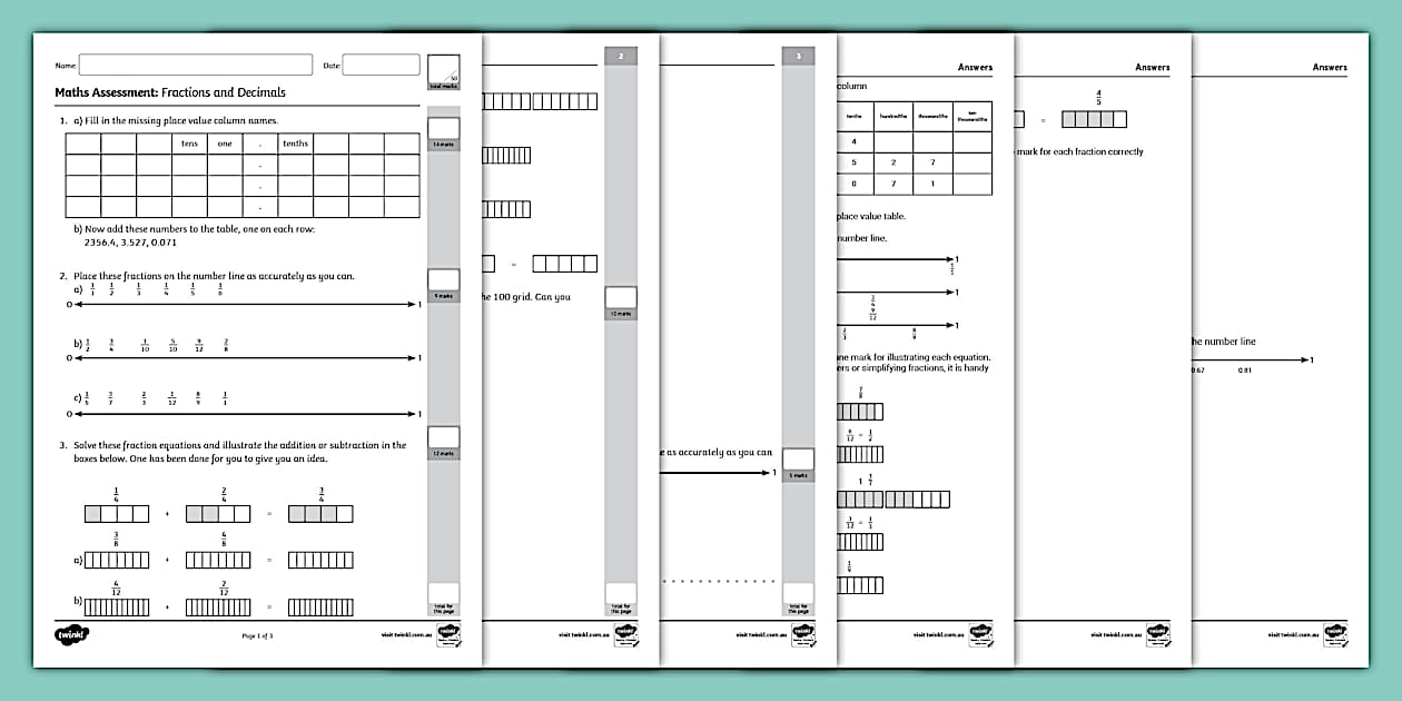 Year 5 Fractions and Decimals Assessment Sheet - Twinkl
