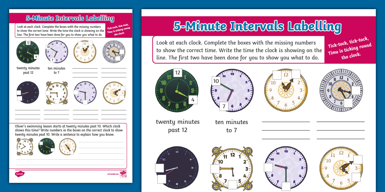 👉 5-Minute Intervals Labelling Activity Sheet - Twinkl - KS1