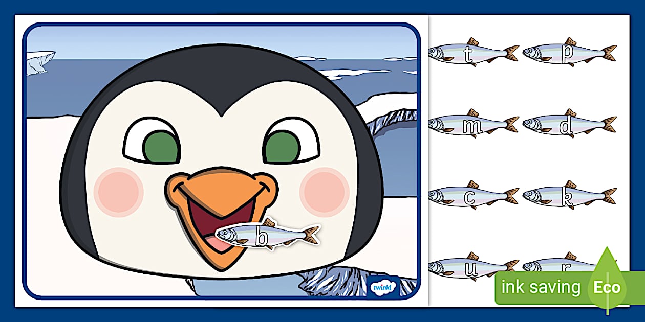 Black and White Feed the Penguin Phase 2 Phonics Activity