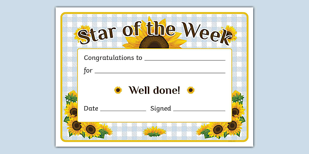 Sunflower-Themed Star of the Week Certificate (teacher made)