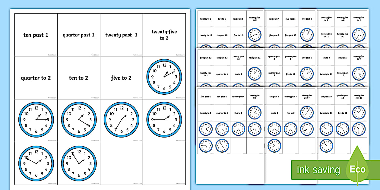 Telling the Time Words Analogue Pelmanism Game With 5 Minute Intervals