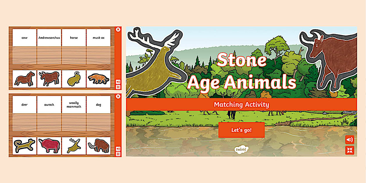 Stone Age Animals Interactive Matching Activity - Twinkl