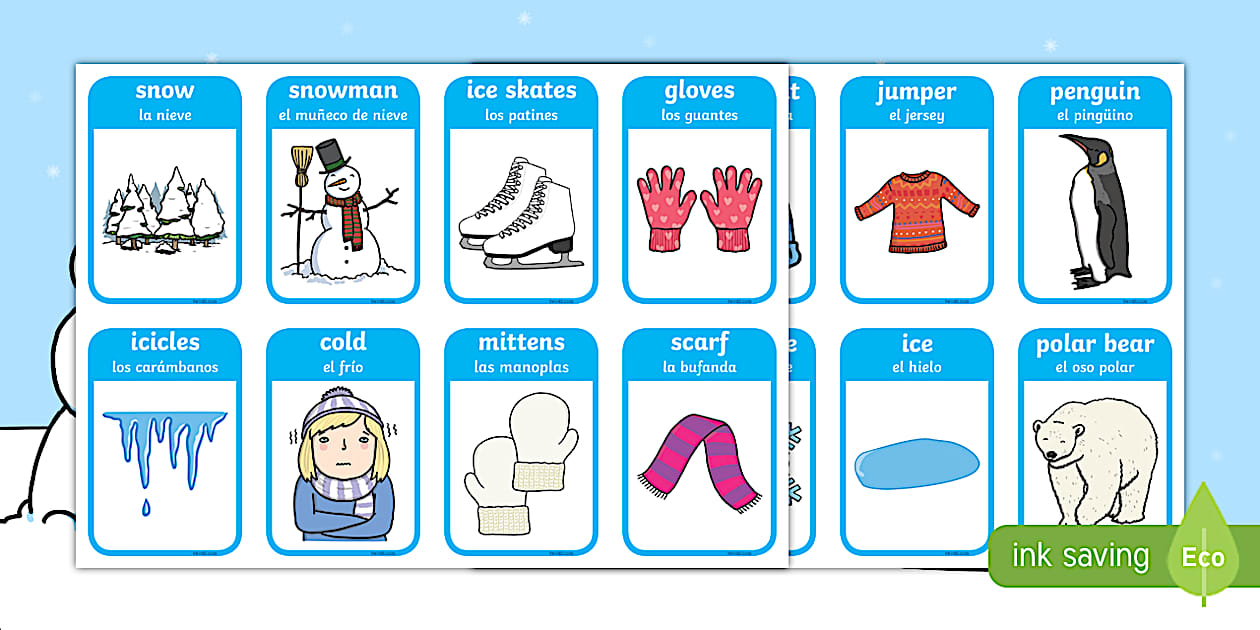 Winter Words and Pictures Flashcards - English / Spanish - Winter Words and