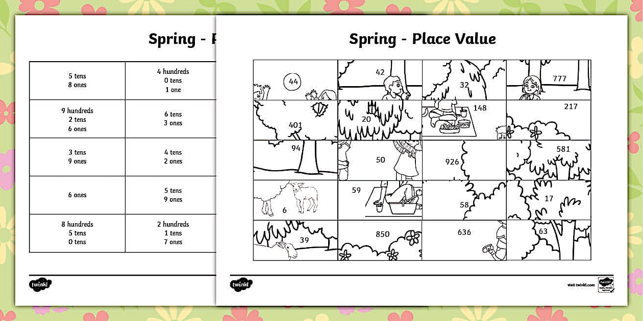 Spring-Themed Place Value Colouring Assessment Sheet Assessment Sheet