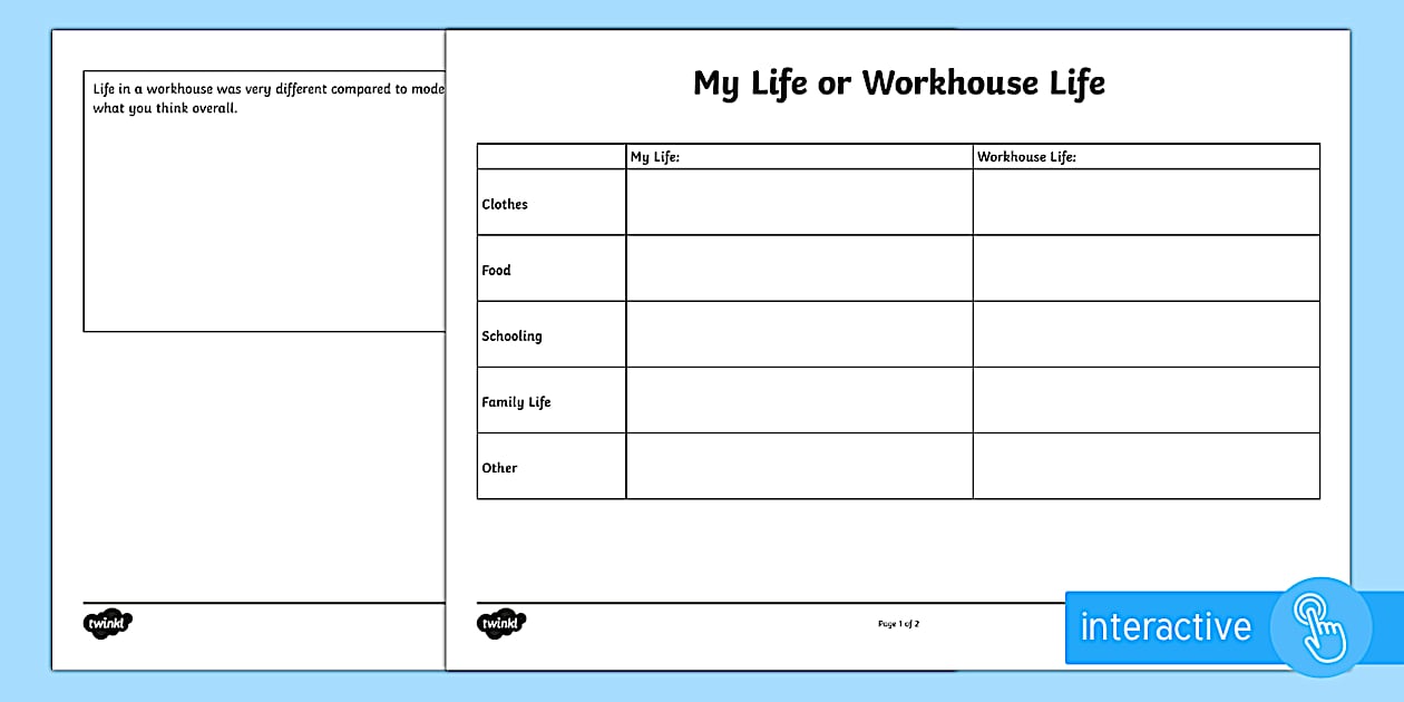 KS2 My Life or Workhouse Life Comparison Worksheets - Twinkl