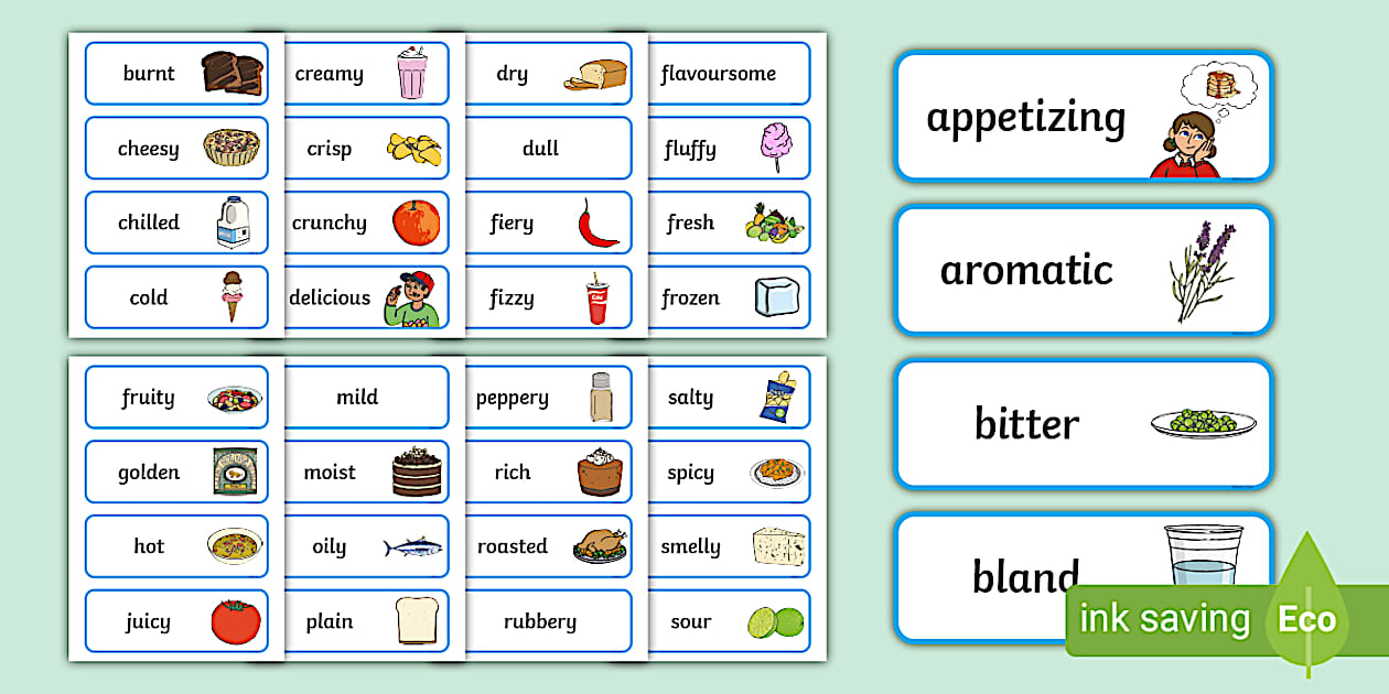 Editable Food Adjectives Word Cards with Pictures - Twinkl