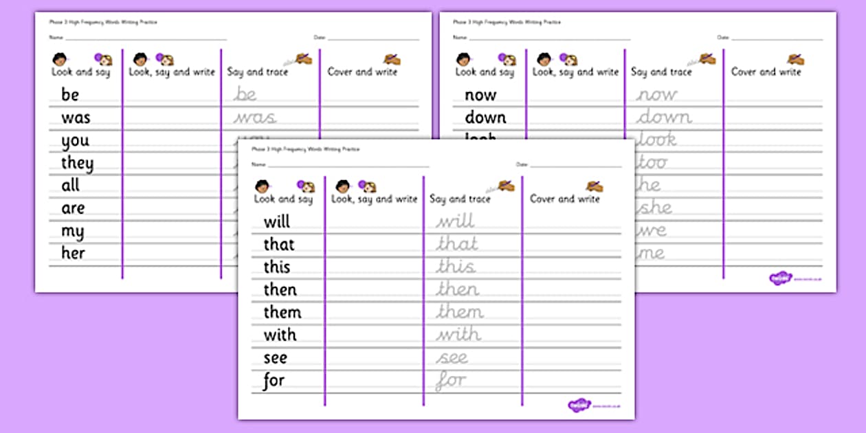 Phase 3 High Frequency Words Writing Practice Worksheets - phase