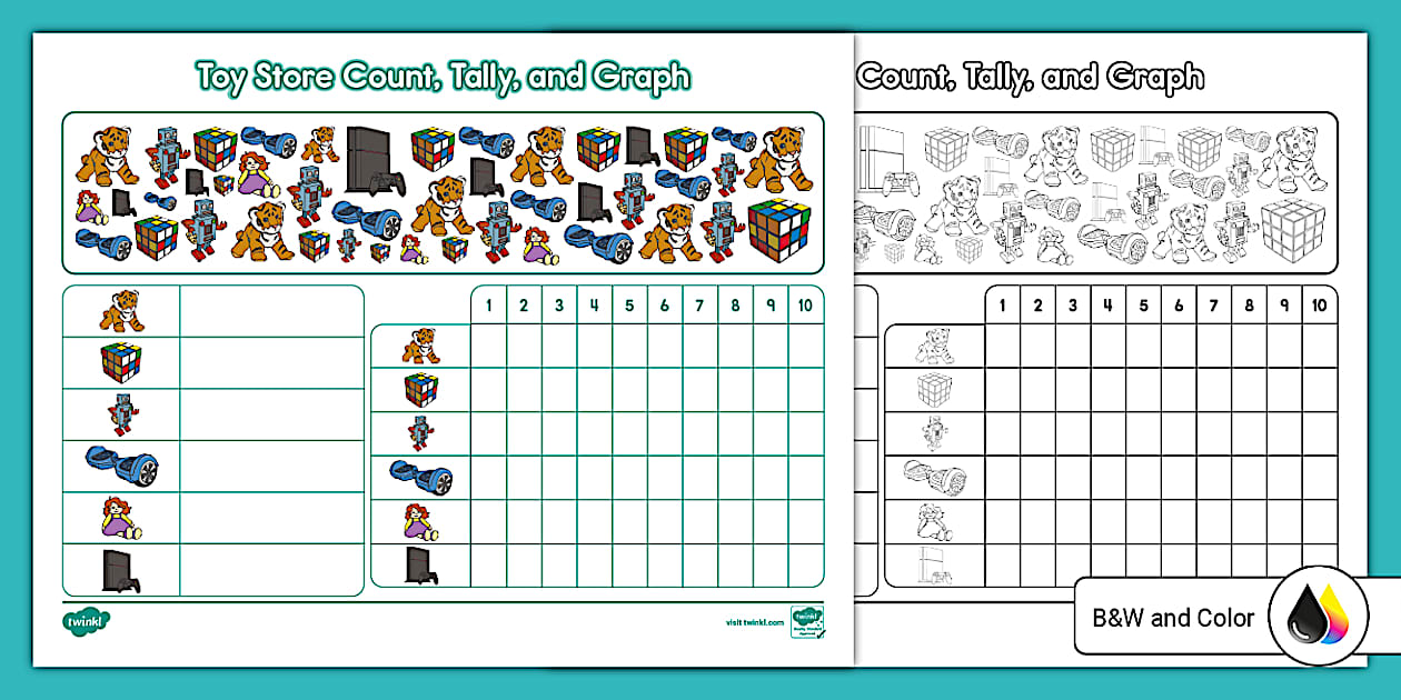 First Grade Toy Store Count, Tally, and Graph Worksheet