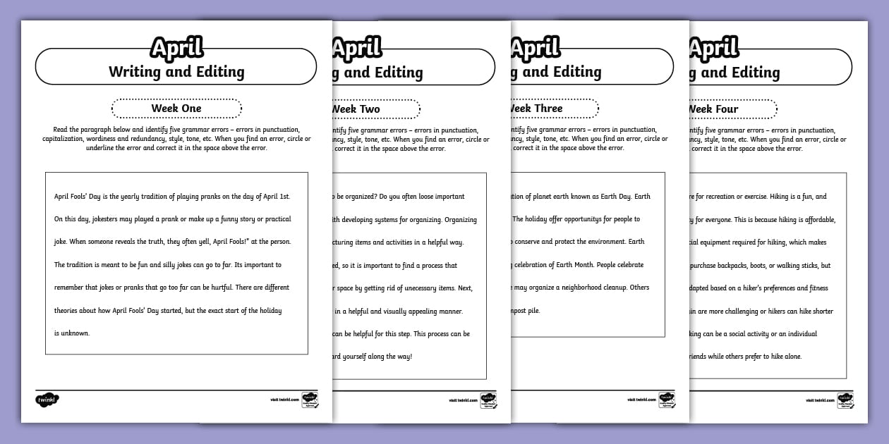 Sixth Grade April Paragraph Writing and Editing Practice