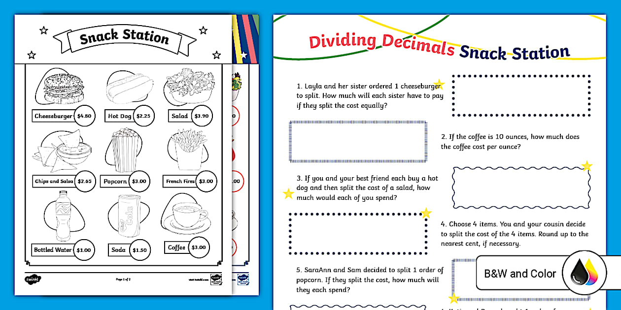 Sixth Grade Dividing Decimals Snack Station Worksheet