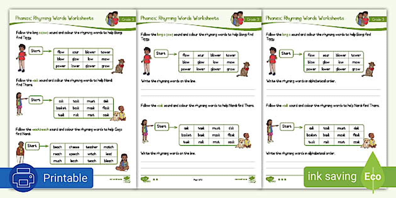 Grade 3 Phonics: Rhyming Words Differentiated Worksheets