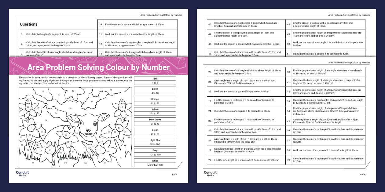 Area Problem Solving Colour by Number Activity Sheet