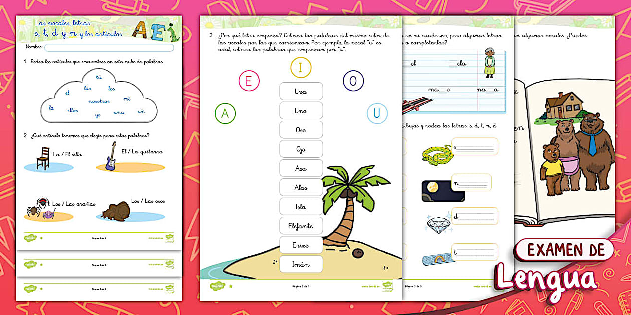 Examen competencial: Las vocales, letras, s, t, d, n y los artículos ...