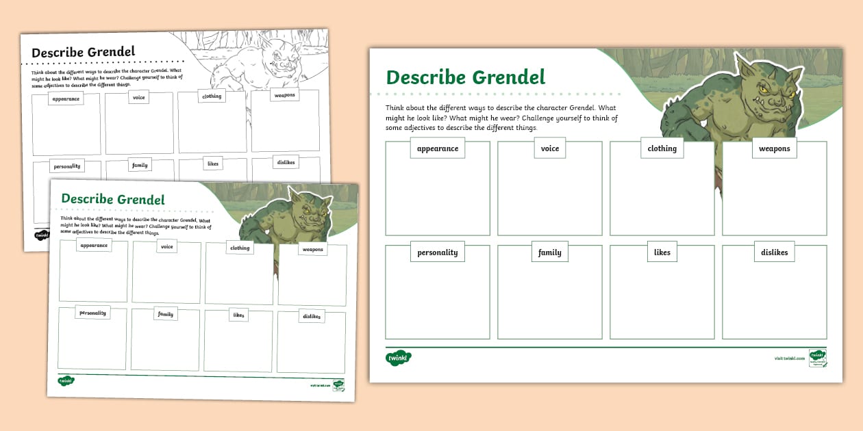 Grendel Adjectives Worksheet - Twinkl English (teacher made)