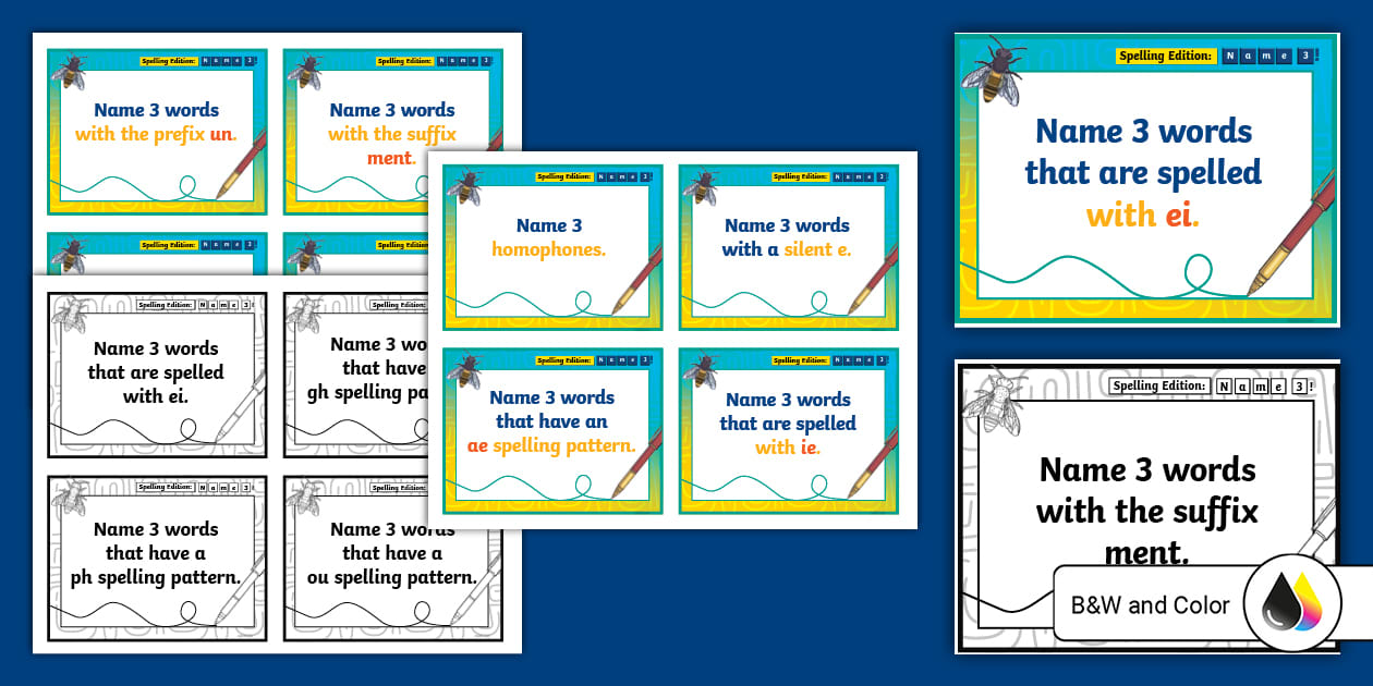 Spelling Edition: Name 3 Game Cards for 3rd-5th Grade