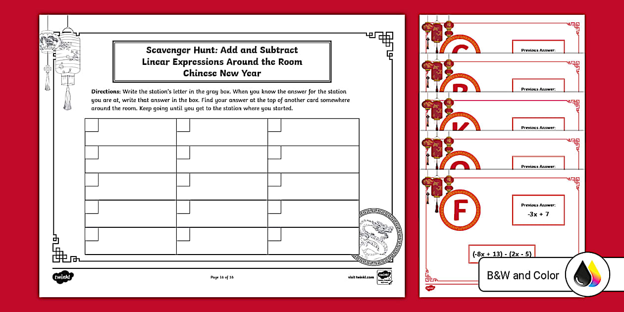 Seventh Grade Scavenger Hunt: Add and Subtract Linear Expressions ...