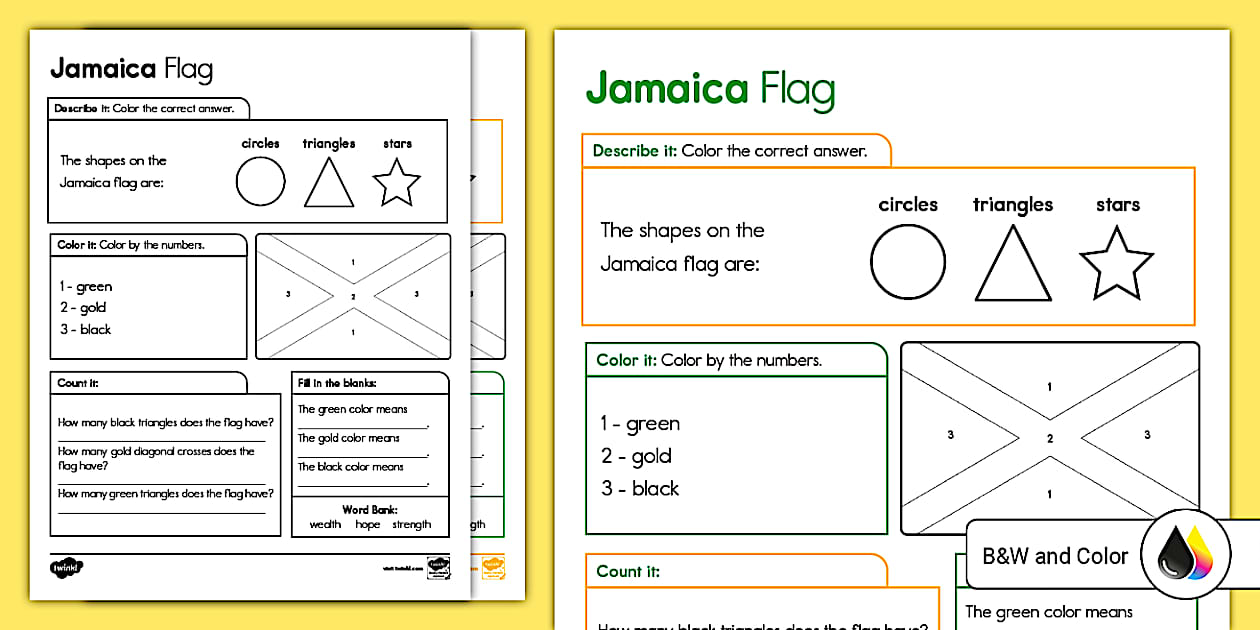 Jamaica Flag Investigation Worksheet for K-2nd Grade