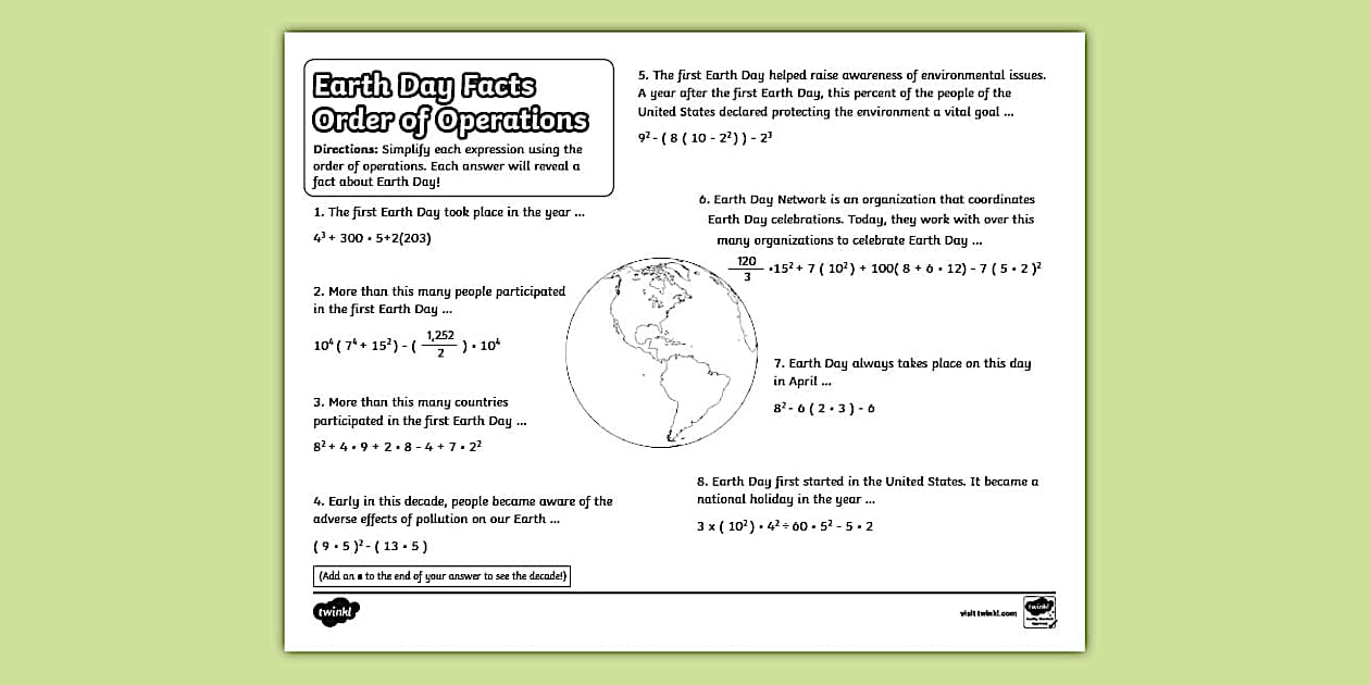 Earth Day Facts Order of Operations Practice for 6th-8th Grade