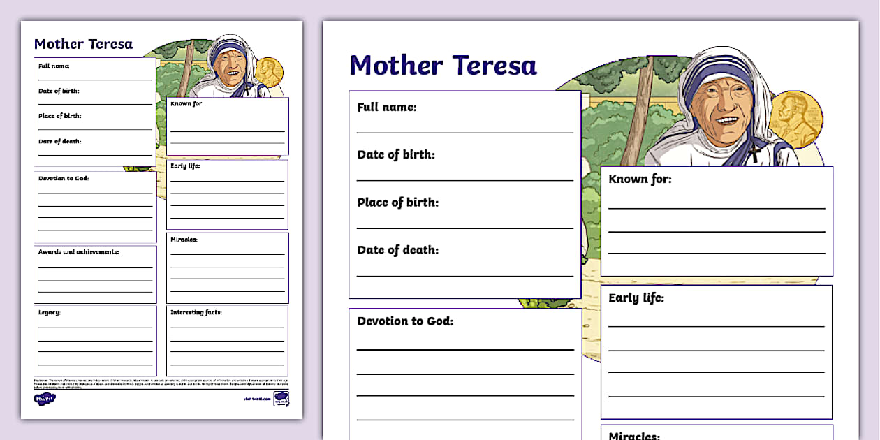 Mother Teresa Fact File Template (teacher made) - Twinkl