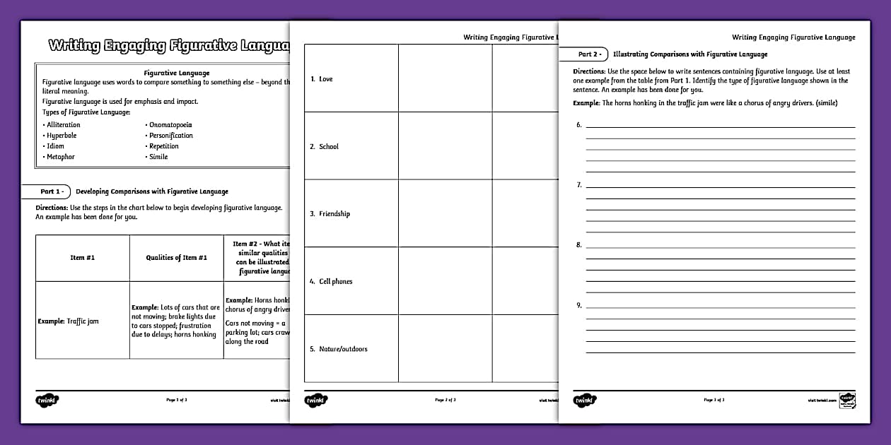 Writing Engaging Figurative Language Worksheet 6th-8th Grade
