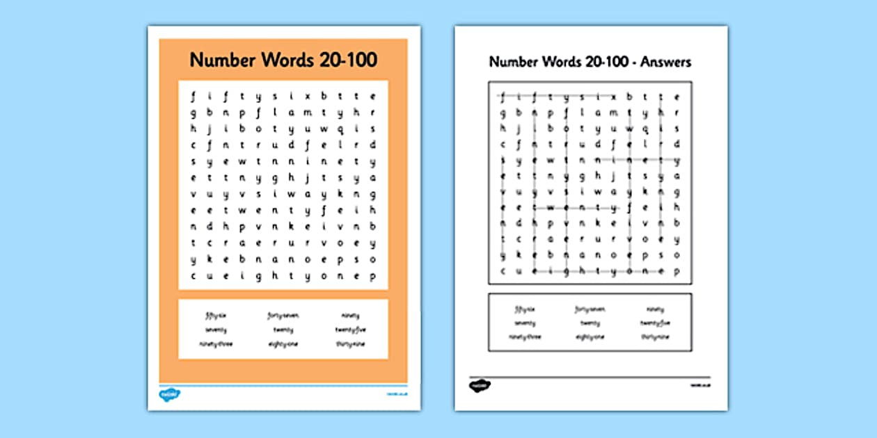 Black and White Number Words 20 to 100 Word Search - Twinkl