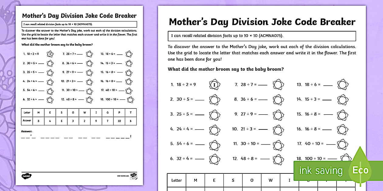 Mother's Day Joke Code Breaker | Year 4 Division Worksheet