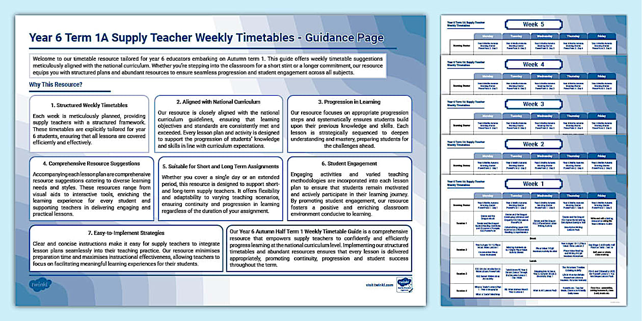 Year 6 Term 1A Supply Teacher Weekly Timetables - Twinkl