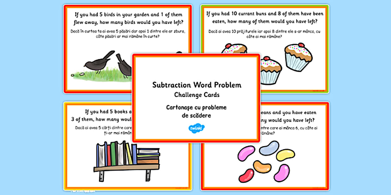 KS1 Subtraction Word Problem Challenge Cards Romanian Translation
