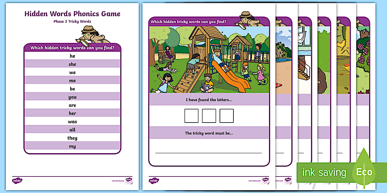 Black and White Phase 3 Tricky Words: Hidden Words Phonics Game