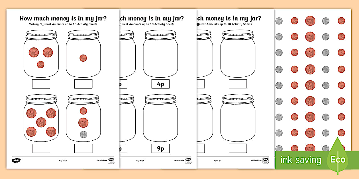 Editable How Much Money Is in My Jar? Making Different Amounts within 10