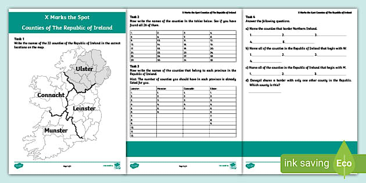 X Marks the Spot Counties of the Republic of Ireland Worksheet