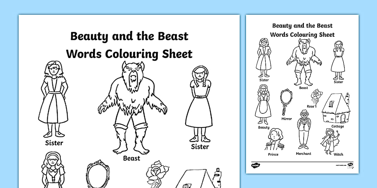 Cursive Beauty and the Beast Words Colouring Sheet - Twinkl