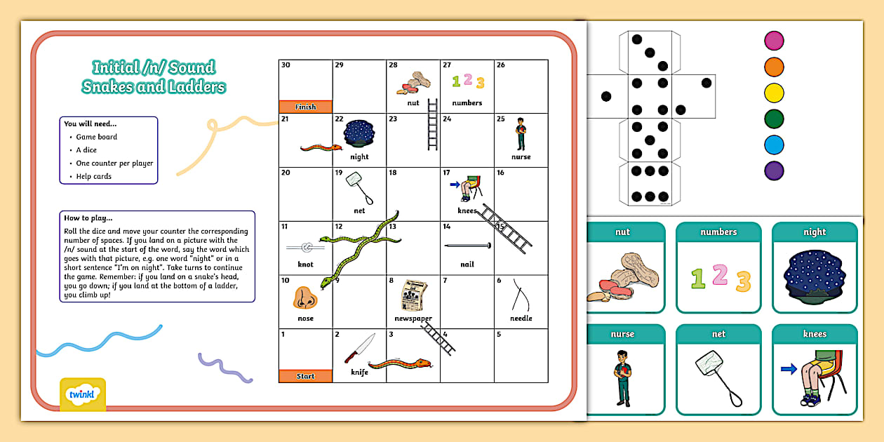 Initial /n/ Sound Snakes and Ladders (teacher made) - Twinkl