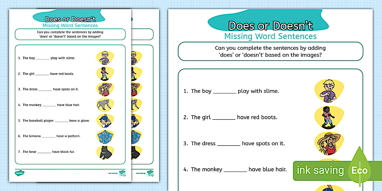 Does or Doesn't Missing Word Sentences Worksheet - Twinkl