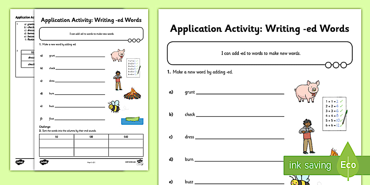 Writing ed Words Application Worksheet / Worksheet - Twinkl