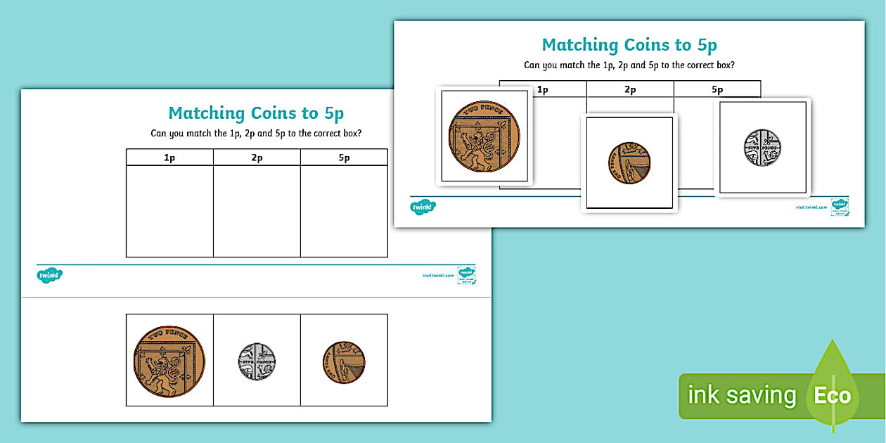 👉 Money to 5p: Matching Coins Cut and Stick Activity Sheet