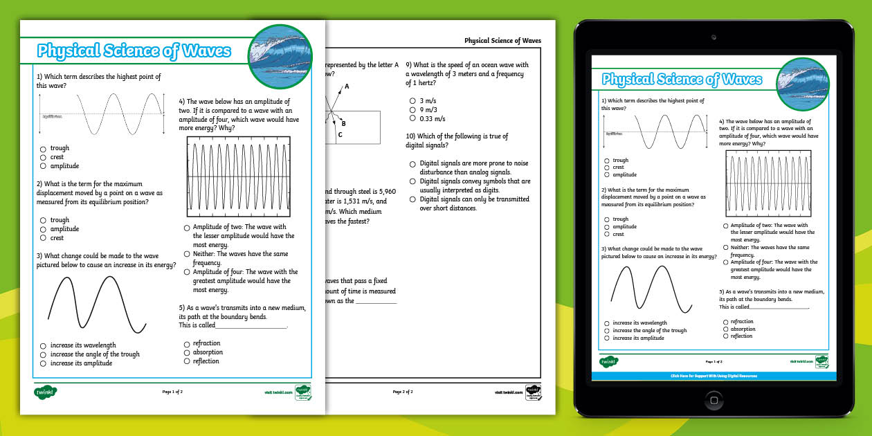 Sixth Grade NGSS Physical Science of Waves Quiz - Twinkl