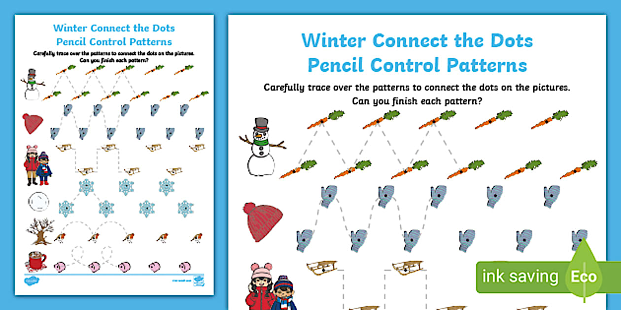 Winter Connect the Dots Pencil Control Patterns Worksheet
