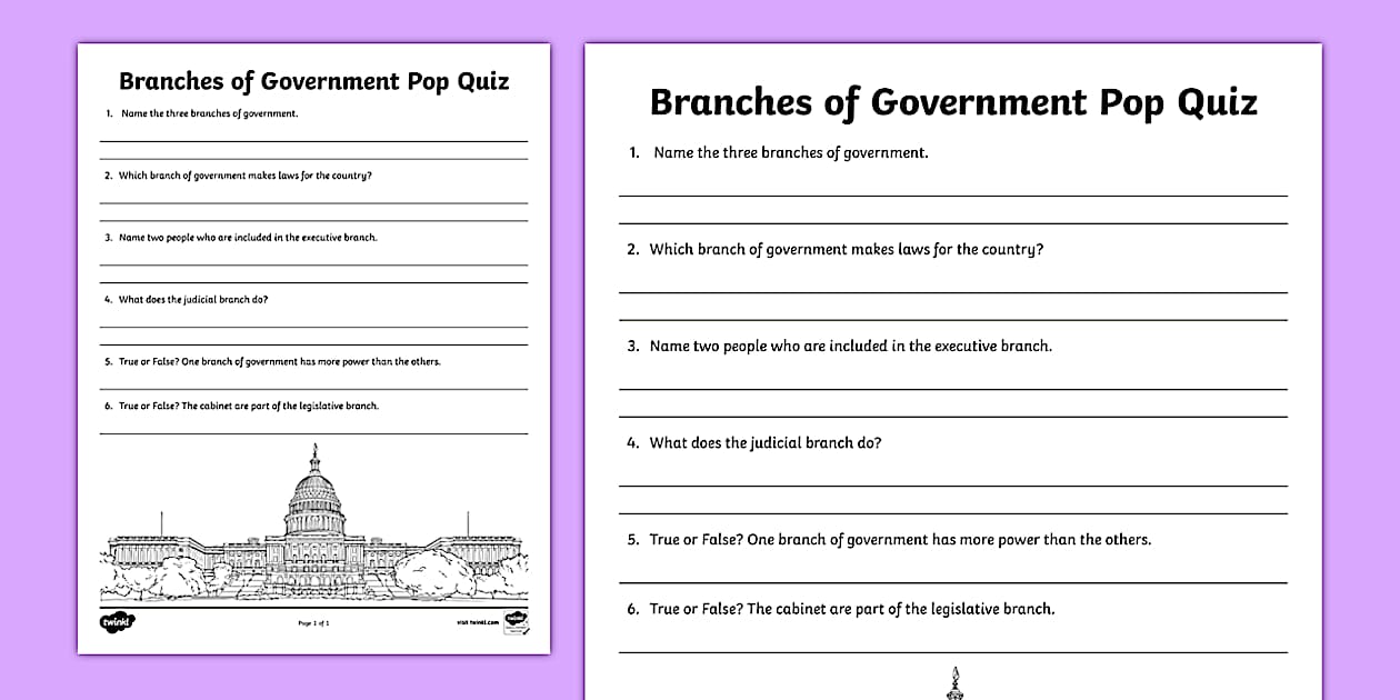 Editable Branches of Government Pop Quiz for 3rd-5th Grade