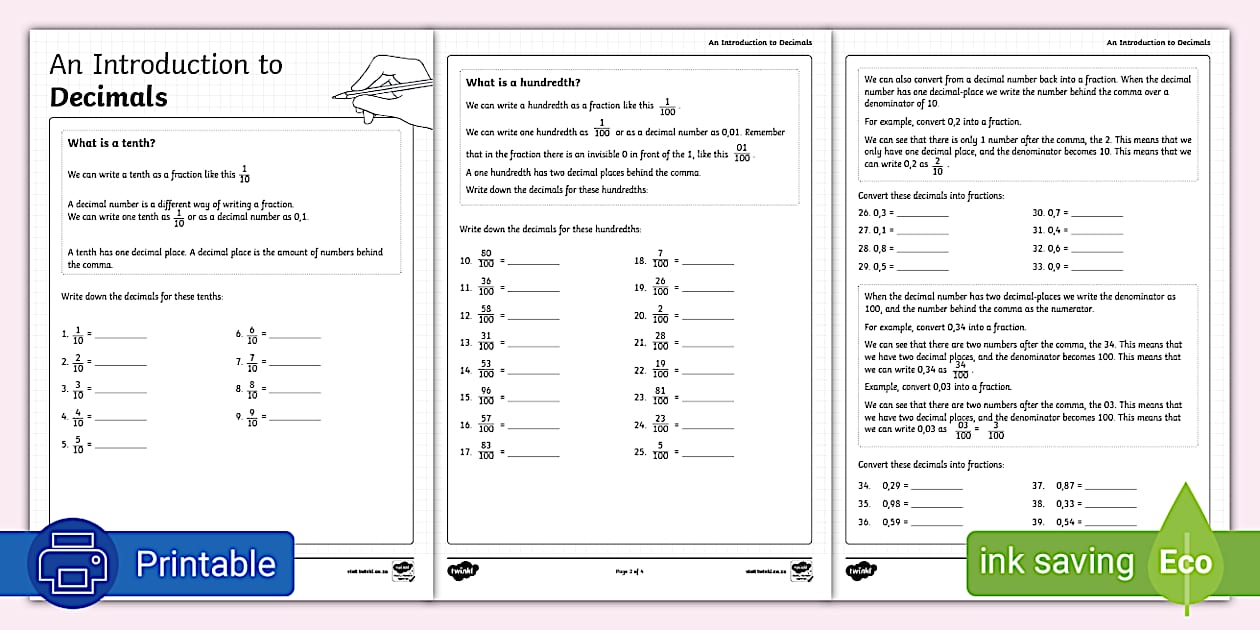 An Introduction to Decimals Notes and Exercises - Twinkl