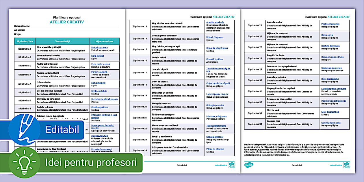 FREE! - Planificare opțional Atelier creativ – Idei pentru profesori
