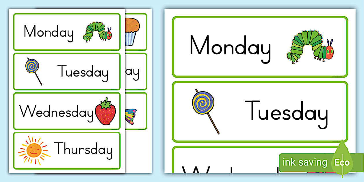 Days of the Week Cards to Support Teaching on The Very Hungry Caterpillar