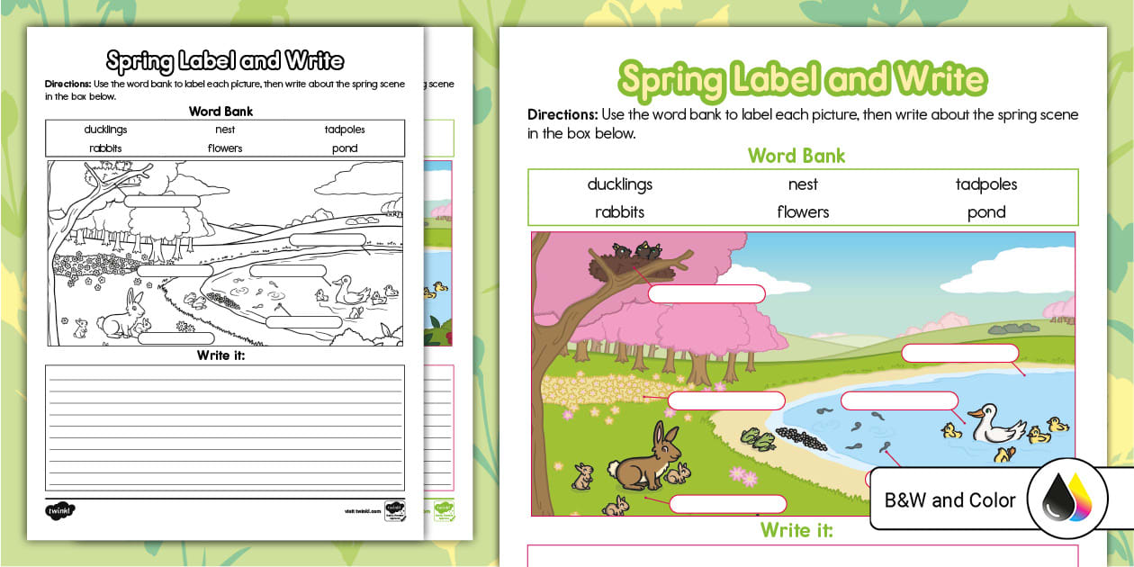Kindergarten Spring Label and Write Worksheet (teacher made)