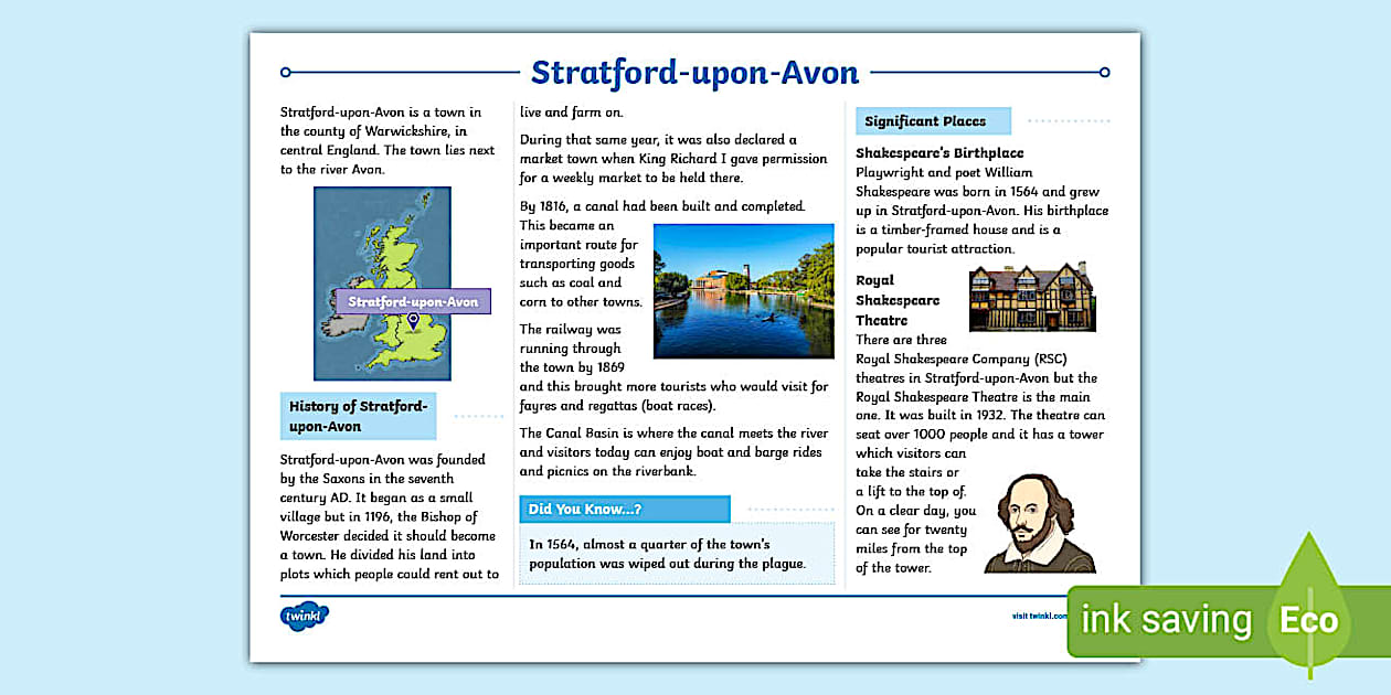 Stratford-upon-Avon Local History Fact File - KS2 - Twinkl