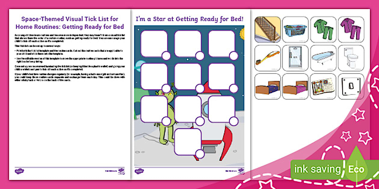 Space-Themed Visual Tick List for Home Routines: Getting Ready for Bed