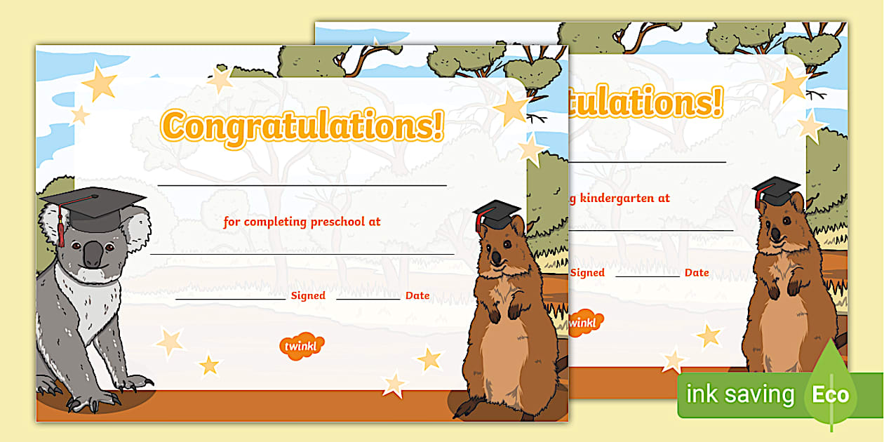 Preschool Graduation Certificates - Australian Animal Theme