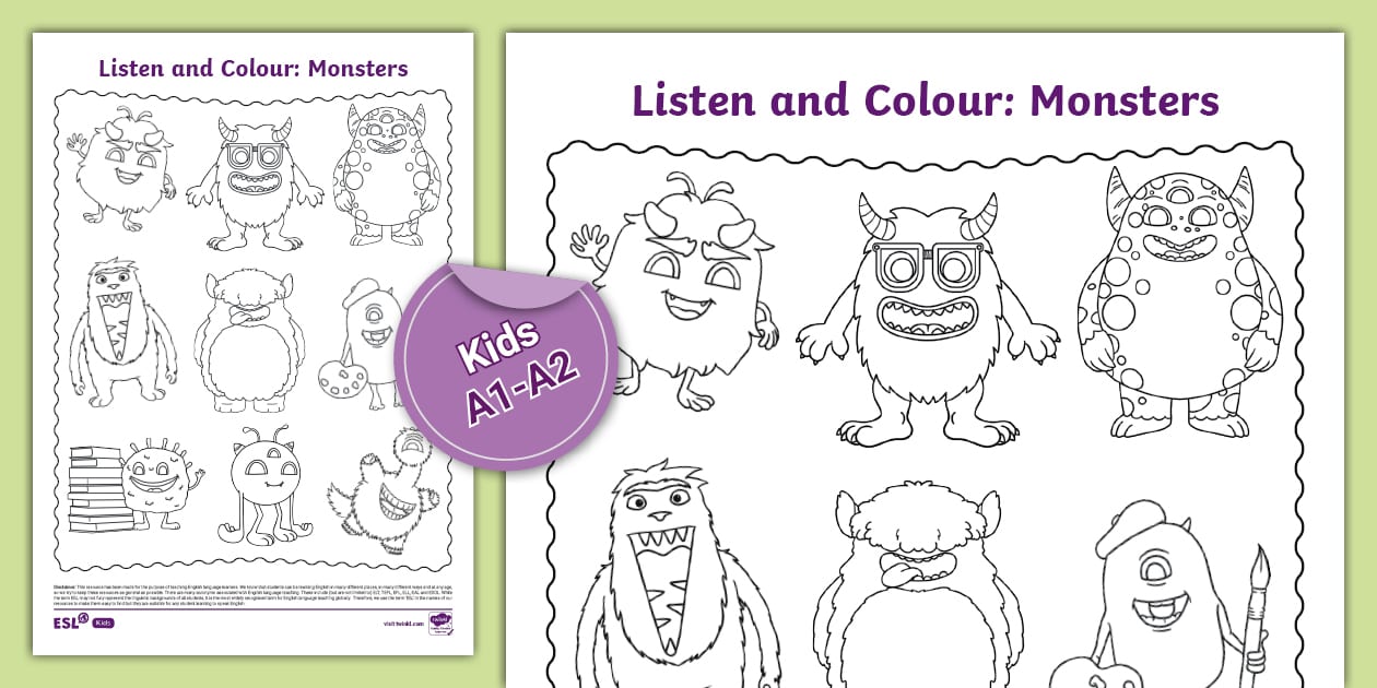ESL Listen and Colour: Monsters [Kids, A1-A2] (teacher made)