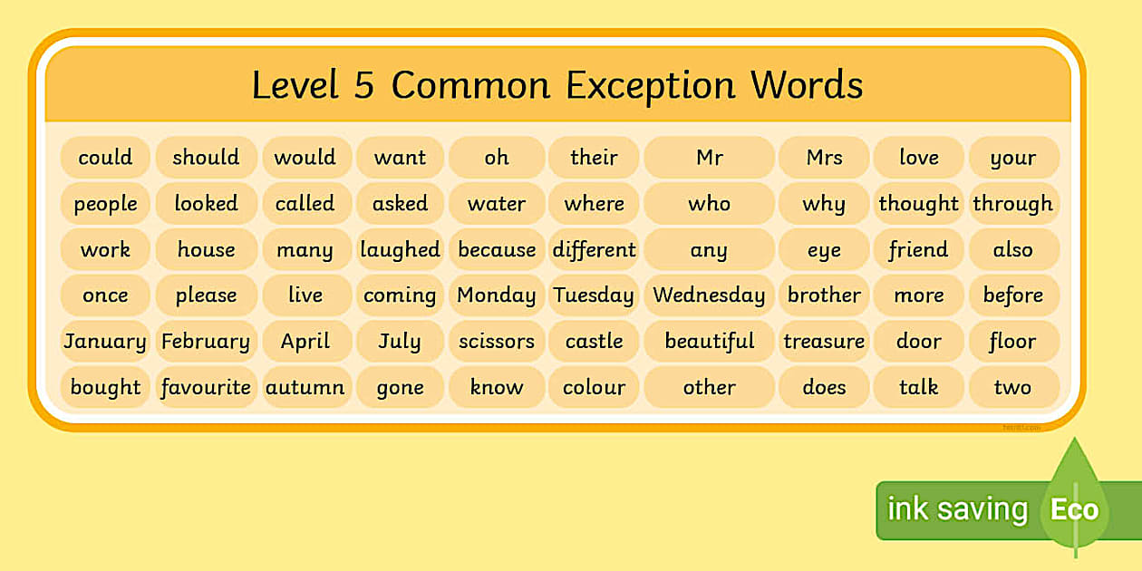 Level 5 Common Exception Word Table Strips - Primary Resources