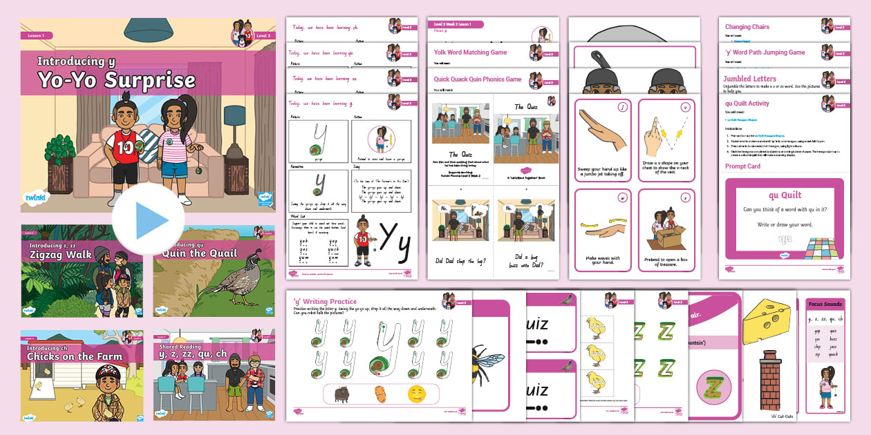 Twinkl Phonics 'y', 'z', 'zz', 'qu', 'ch'- Level 3 Week 2 Pack