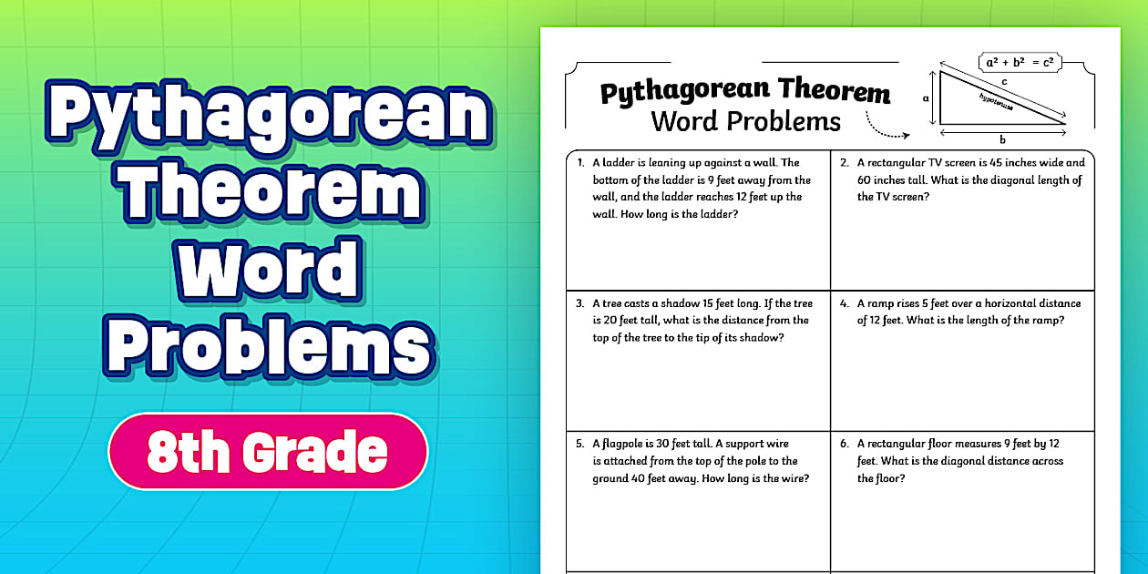 Eighth Grade Pythagorean Theorem Word Problems Worksheet